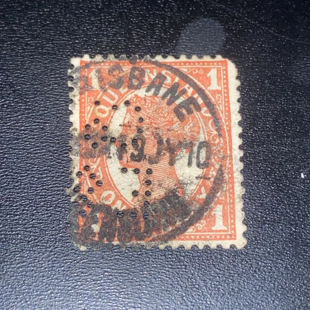 QUEENSLAND ONE PENNY Red Queen Stamp 1910 Brisbane 19JY10. Perf Co E ...