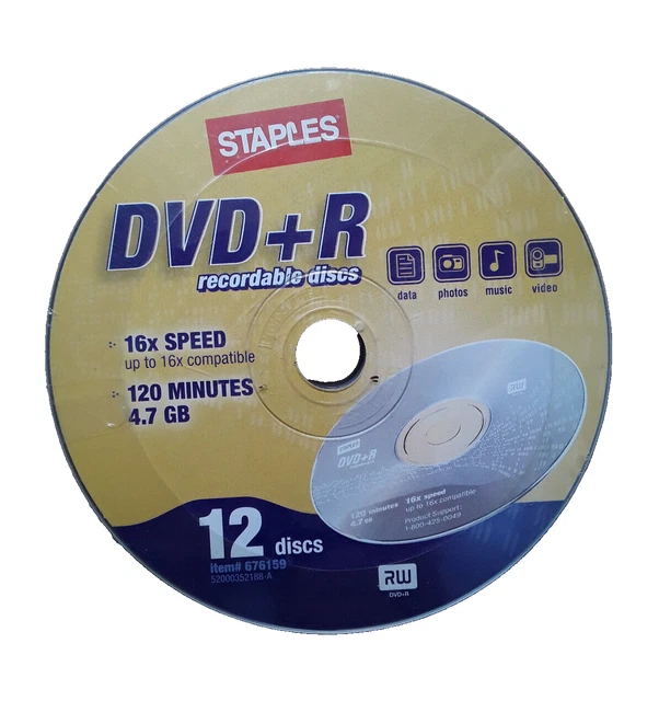 DVD+R RECORDABLE 12 Discs Staples 4.7 GB Speed 16x 120Min New Sealed $4 ...