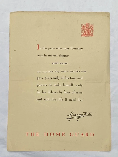 RARE VINTAGE WWII Home Guard Service Certificate 1944 Good Condition £ ...
