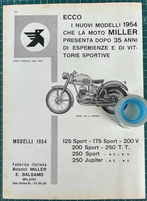 RARA PUBBLICITÀ MOTO MILLER 125 Sport-Milano 1953 EUR 10,00 - PicClick IT