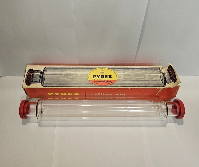VINTAGE PYREX GLASS Rolling Pin Original Box Red Ends Original ...
