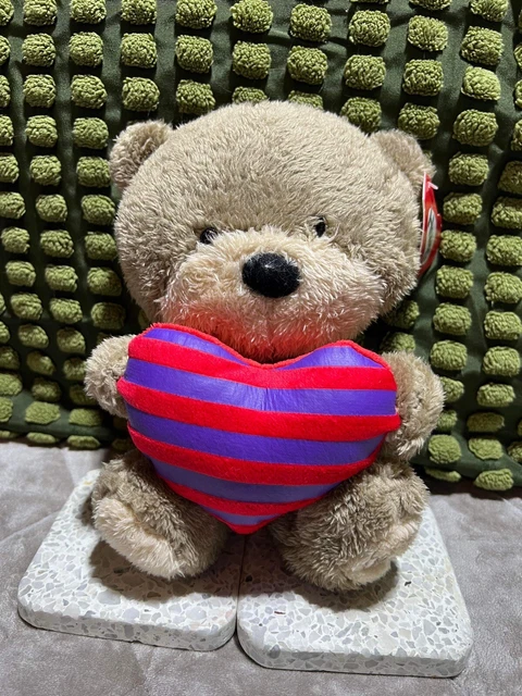 HUGS TEDDY BEAR Soft Plush Toy Holding Stripe Heart 12" High Card ...
