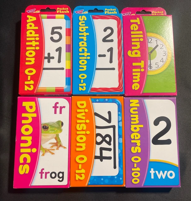 LOT OF 6 TREND Flash Cards- Add, Subtract, Tell Time, Division,Phonics ...
