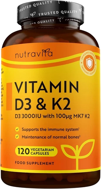 NUTRAVITA VITAMIN D3 3000iu & K2 100µg (MK-7) – 120 Vegetarian Capsules ...