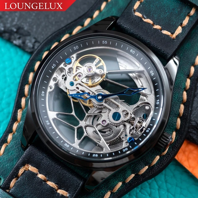 MENS AUTOMATIC MECHANICAL Watch Detachable Green Leather Cuff Strap ...