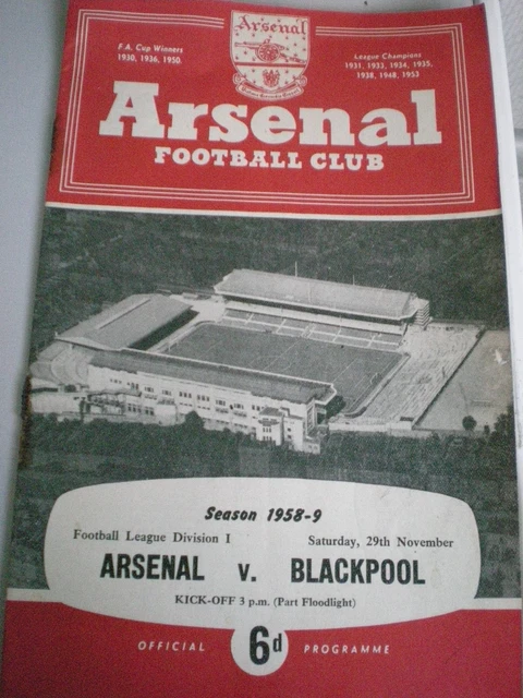 ARSENAL V BLACKPOOL, 29th NOVEMBER 1958, NO WRITING. RUSTY STAPLES, VGC ...