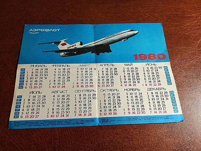 CALENDARIO DI CARTA sovietico vintage. Aeroflot. 1980. Originale. URSS ...