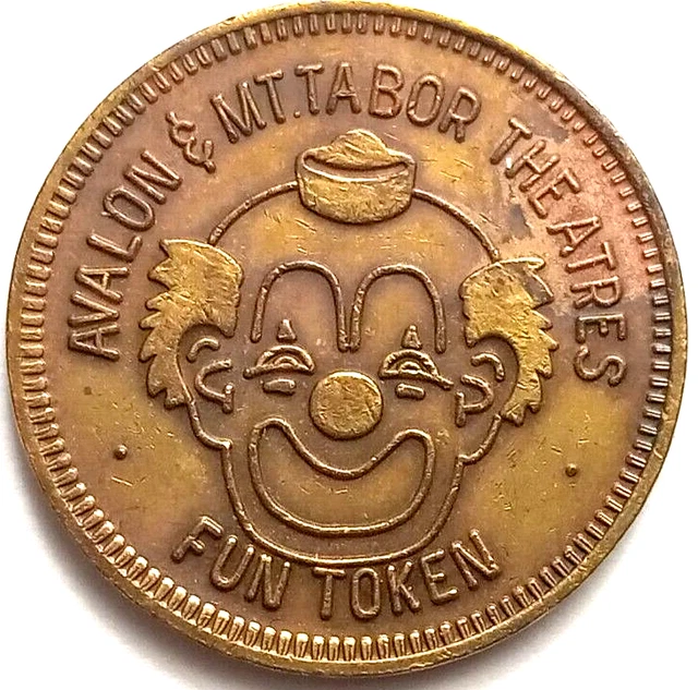 THEATER TOKEN CLOWN Avalon & Mt Tabor No Cash Value Brass .9375 THEATER TOKEN CLOWN Avalon & Mt Tabor No Cash Value Brass .9375