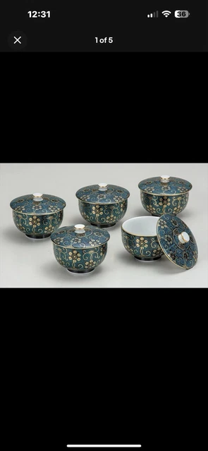 TEA CUP WITH lid set of 5 KUTANI YAKI WARE Yunomi Blue Grain Tessen ...