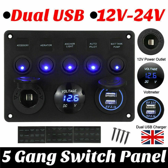 5 GANG WAY Campervan RV 12V LED Light Switch Control Panel Voltmeter ...