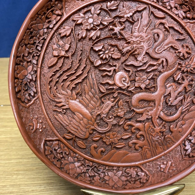 VTG. CHINESE MING Dynasty Style Cinnabar Carved Dragon & Phoenix 7 3/4 ...