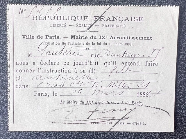 ANCIEN DOCUMENT REÇU éducation jeune fille Paris 1884 EUR 1,00 ...