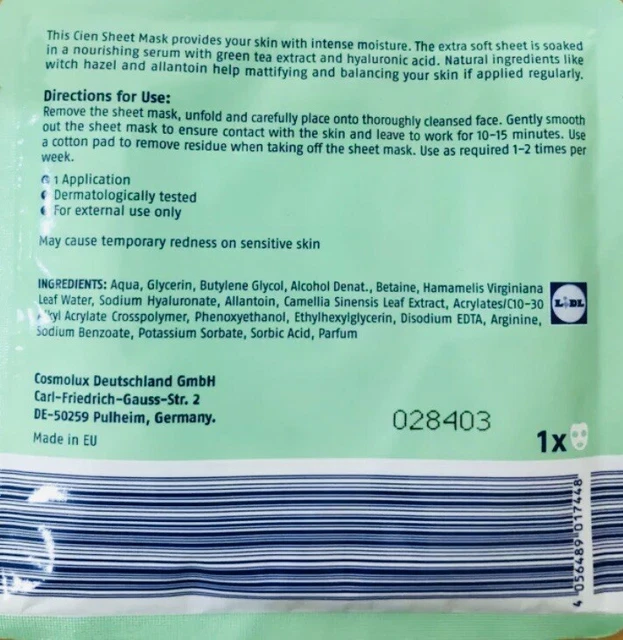 FACE MASK CIEN Sheet Face Mask for normal skin/Green Tea extract. £4.76 ...