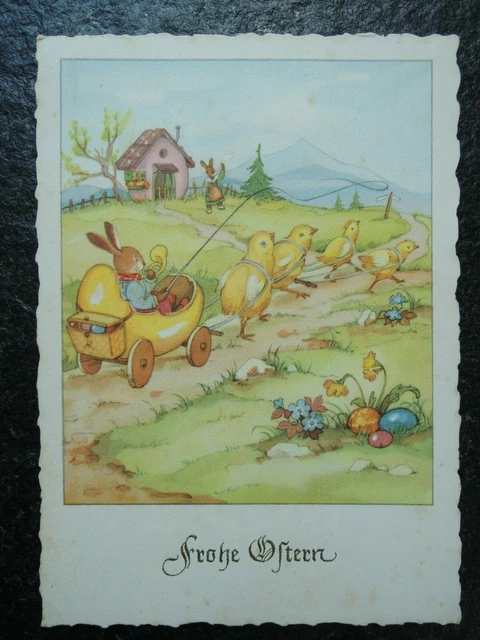 VECCHIA CARTOLINA, CONIGLIETTO pasquale guida carrozza pulcino, buona Pasqua (I56) EUR 3,90 ...