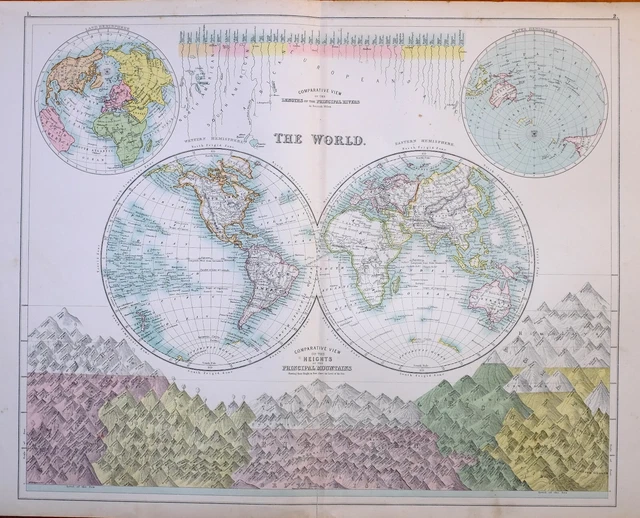 1897 ANTIGÜEDAD MAPA el Mundo Occidental Oriental Hemisferios Montañas ...