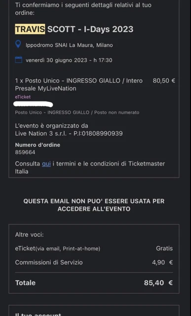 BIGLIETTO TRAVIS SCOTT milano 30/06/2023 EUR 85,00 - PicClick IT
