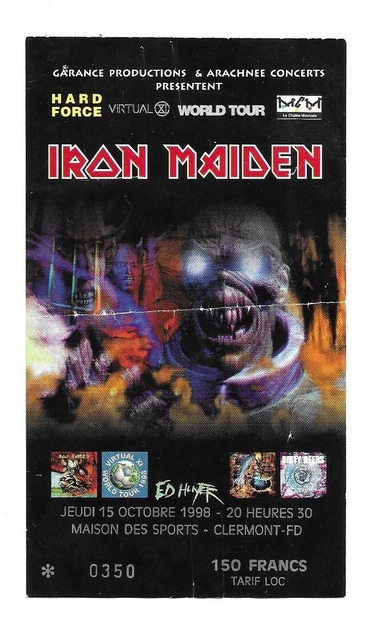 RARE / TICKET Billet Concert - Iron Maiden : Live Clermont France 1998 ...