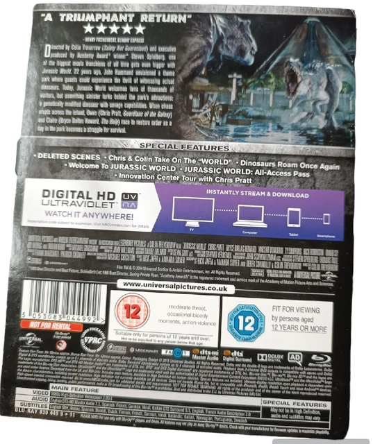 JURASSIC WORLD BLU-RAY (2015) Chris Pratt Cert 12 Used VGC Free P&P £1. ...