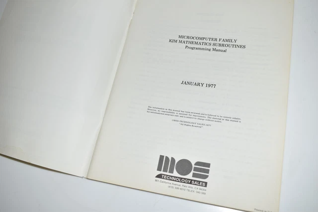 KB MOS MICROCOMPUTERS Kimath Subroutines Programming Manual (Vwd12 ...