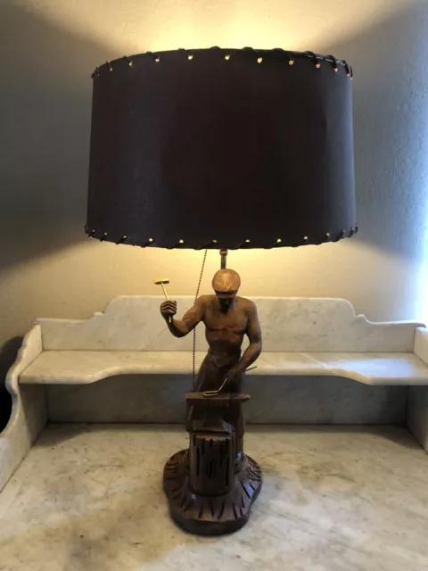 MID CENTURY FIGURAL Hand Carved Wood Blacksmith Table Lamp Faux Leather ... MID CENTURY FIGURAL Hand Carved Wood Blacksmith Table Lamp Faux Leather ...