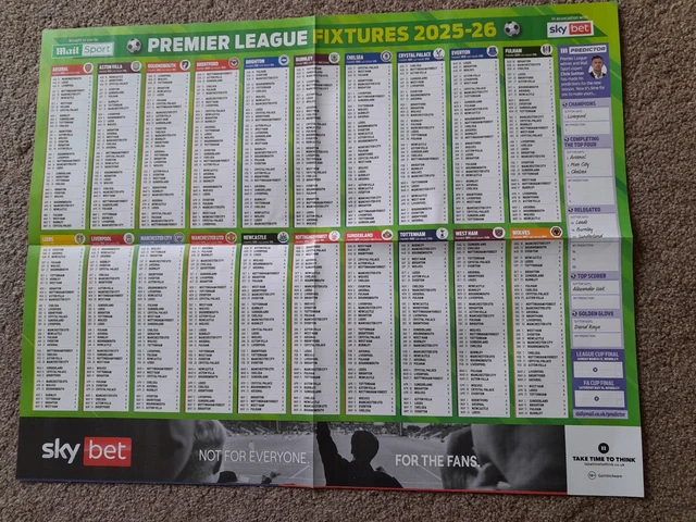 PREMIER LEAGUE FIXTURES, 2025 - 26, WALL CHART / POSTER - DOUBLE SIDED - New £2.76 - PicClick UK