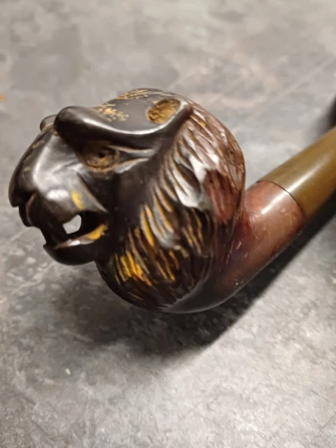 ANTIQUE SMOKING PIPE Hand Carved Wooden Pipe/Pipes *Lion Head* EUR 25 ...