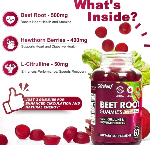 CARELEAF SUGAR FREE Vegan Beet Root Gummies for Blood Pressure with L ...