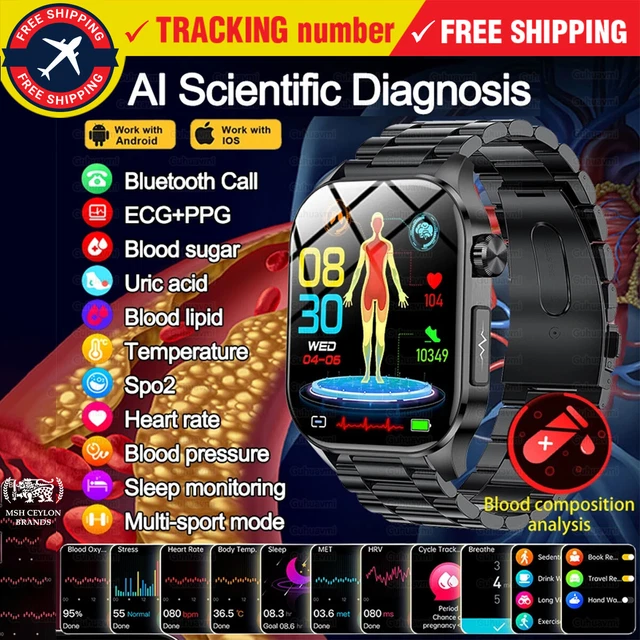 BLOOD AI HEALTH Monitor Smart Watch Men ECG+PPG Blood Pressure IP68 2 ...