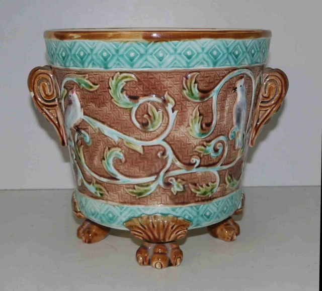 CACHE POT JARDINIÈRE ancienne en barbotine motif perroquets EUR 139,99 ...
