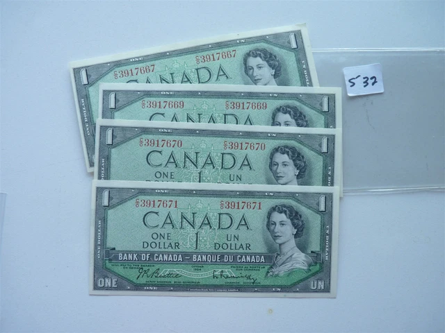 VINTAGE CANADA 4X Banknote Sequence Serial Number 1954 1 Dollar Prefix ...