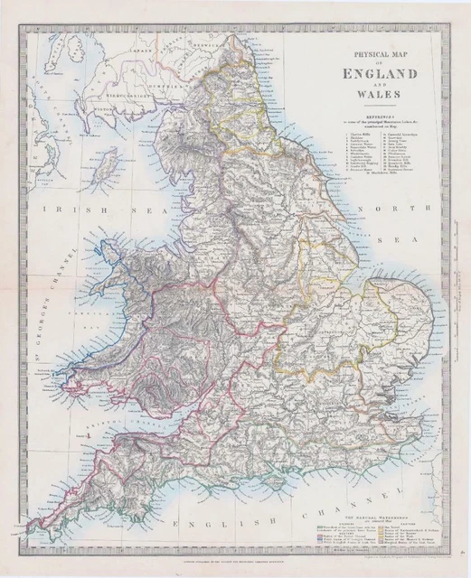C1860 ANTIQUE MAP PHYSICAL MAP OF ENGLAND AND WALES Pembroke Surrey ...