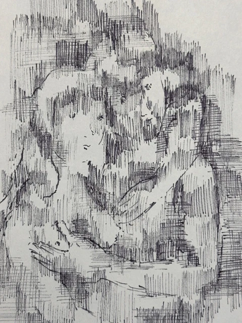 ANCIEN DESSIN PLUME sur papier, signé Marcel Hamsell couple enlacé 1972 ...