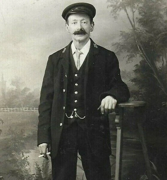 REAL PHOTO POSTCARD Man Train Bus Tram Postman Worker Uniform ...