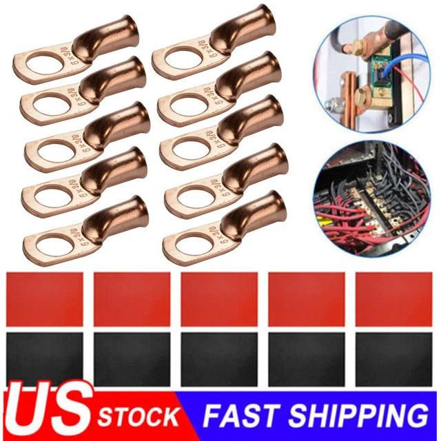 6 AWG COPPER Cable Lug Ends Terminal Ring Connectors + Adhesive Heat ...