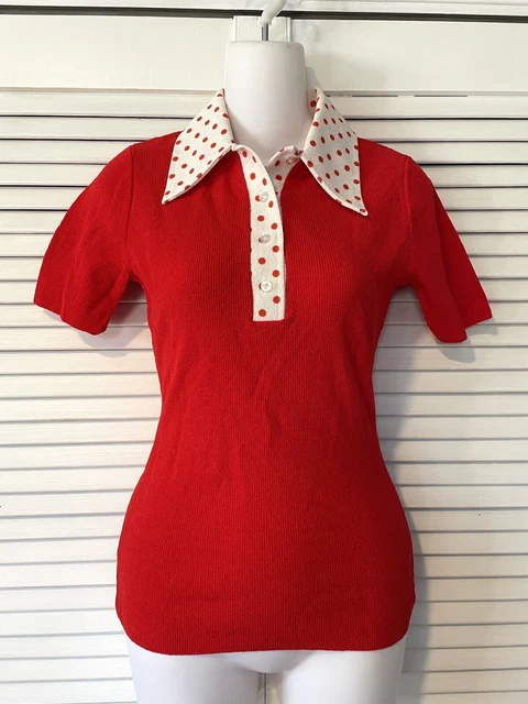 VTG 60S PIN Up Rockabilly Red White Polka Dot Stretchy Knit Poly Top XS ...