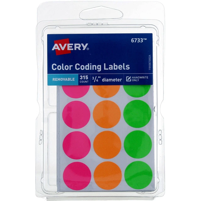 AVERY COLOR-CODING LABELS, 0.75in, Removable, Neon, 315 Ct $7.00 - PicClick
