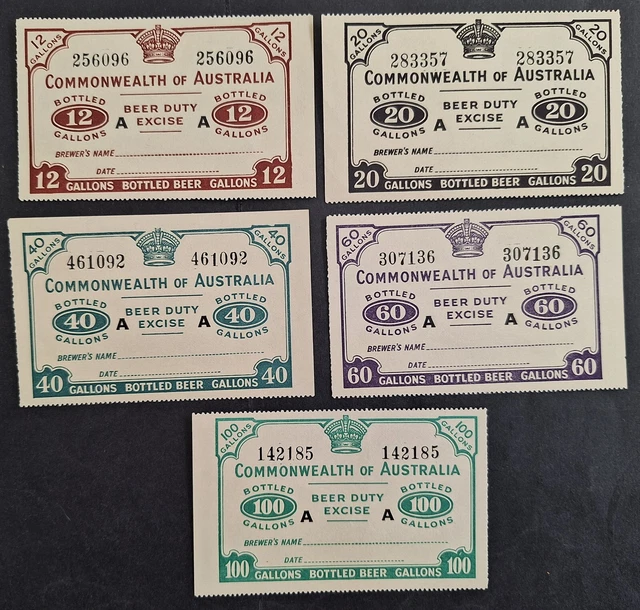 1947 COMMONWEALTH OF Australia 5X BEER DUTY EXCISE Stamps-100 Gal No ...
