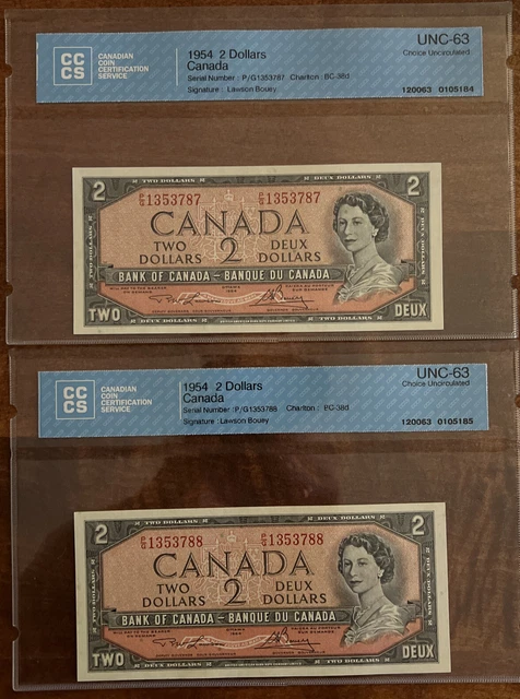 1954 BANK OF Canada $2 Two Dollar Sequential Notes UNC-63 P/G 1353787 / ...