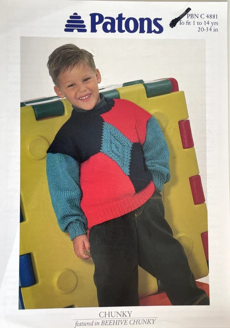 BOYS DIAMOND COLOUR block jumper KNITTING PATTERN childrens Patons 4881 ...