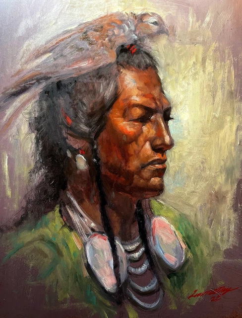 ORIGINAL OIL PAINTING Native American Indian Lakota Warrior WESTERN ART ...