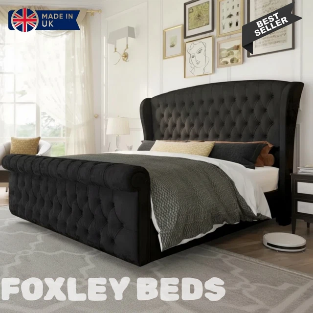 TULIP WING SLEIGH Bed Frame Winged Plush Velvet With Mattress and ...