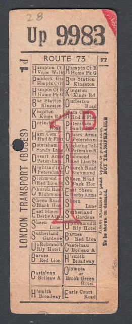 OLD TICKET LONDON Transport Buses Bus 1d Route 73 Hampton Court View old-ticket-london-transport-buses-bus-1d-route-73-hampton-court-view