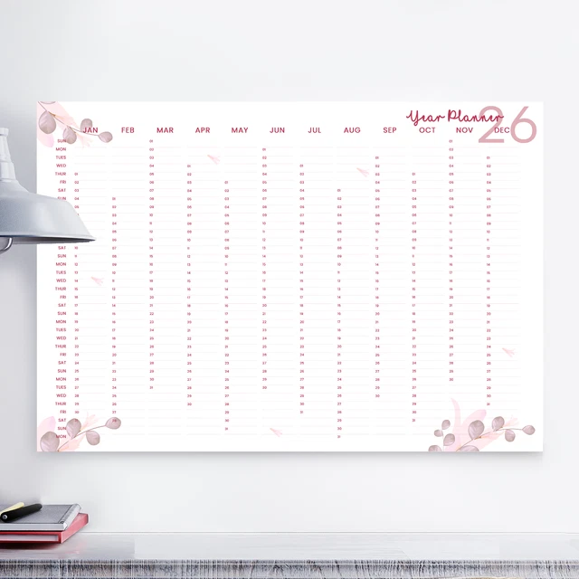 2026 YEAR PLANNER Calendar Wall Chart Month To View Pink Year Planner ...