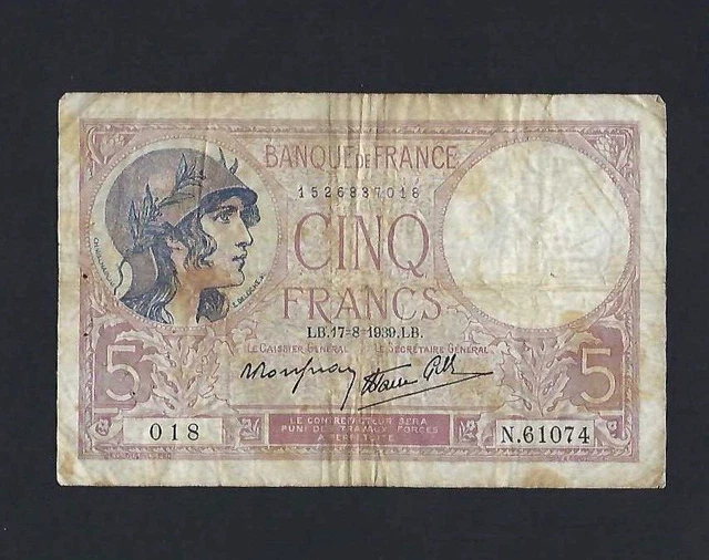 BANQUE DE FRANCE 5 Francs Violet 17/8/1939 P-72 EUR 4,40 - PicClick FR
