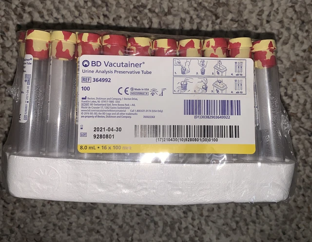 BD VACUTAINER 100 URINE ANALYSIS PRESERVATIVE TUBES # 364992 Exp:04/30 ...