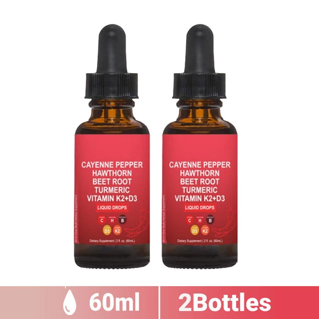 2 X CAYENNE Pepper Hawthorn Beet Root Turmeric Vitamin K2+D3 Liquid Drop s £7.57 - PicClick UK