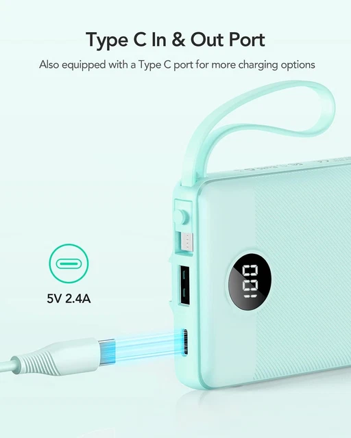 PORTABLE CHARGER 10000MAH, Power Bank Built-In Cables, 5 Output 2 Input ...