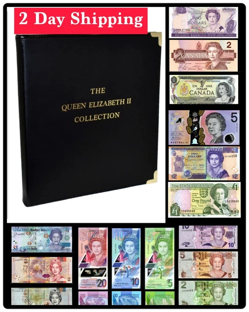 QUEEN ELIZABETH II, 23 PCs Banknote/Coin Album Set, UNC Currency Gift ...