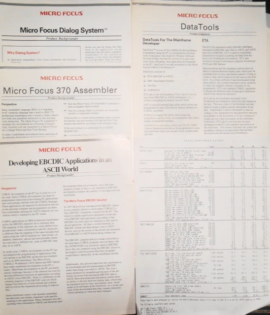 MICRO FOCUS COBOL - 4 Brochures, 1989: Dialog System, 370 Assembler, Data Tools £35.14 - PicClick UK