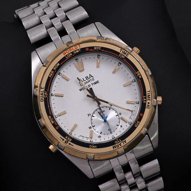 SEIKO ALBA ANALOG WORLD TIME White Dial 39mm Ref.V602-7010 New Battery ...